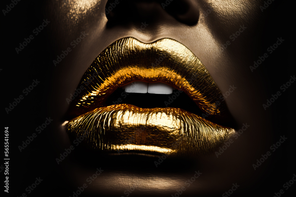 Golden lipstick closeup. Metal gold lips. Beautiful golden makeup ...