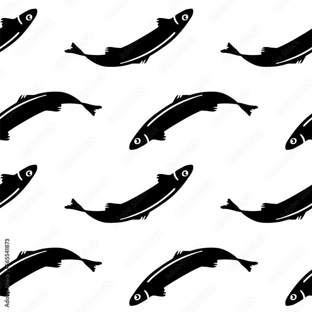 Seamless pattern with curved fish silhouettes. Seafood for the culinary ...