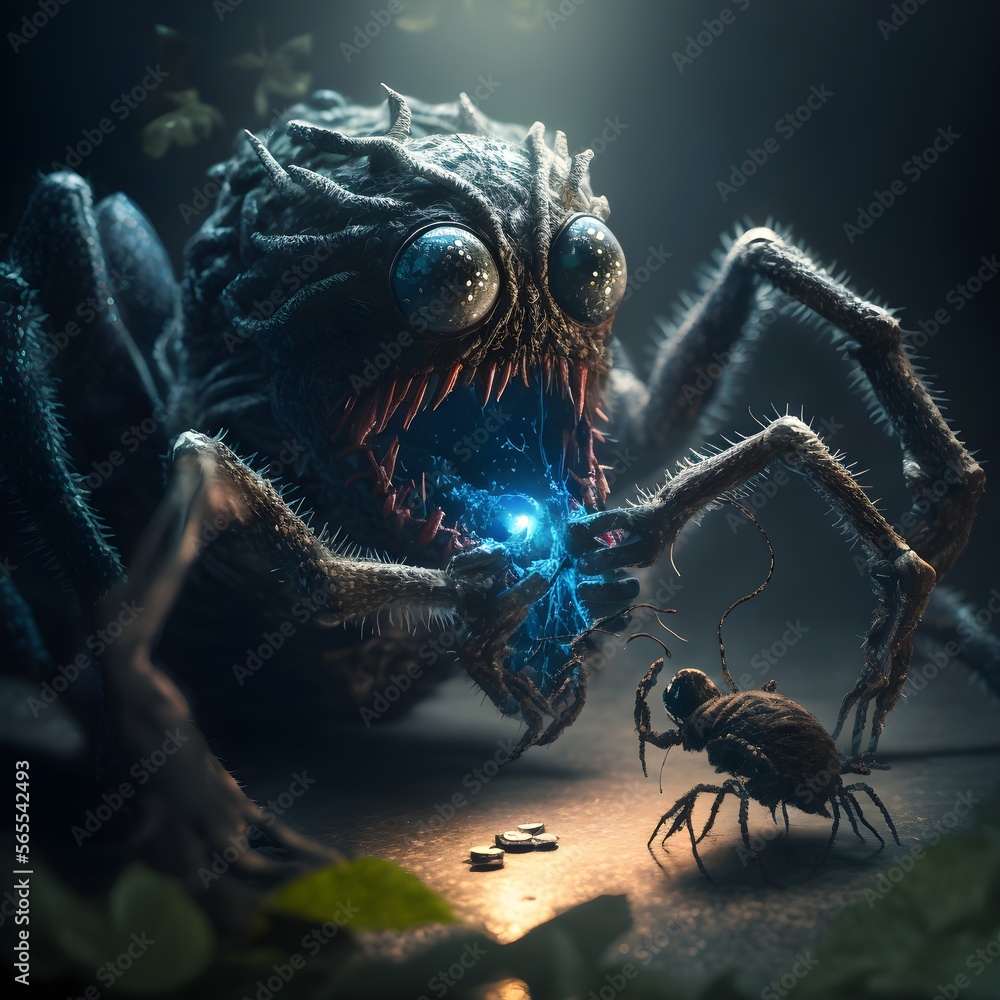 terrifying monster eating a spider man with fly eyes Fulllength ...