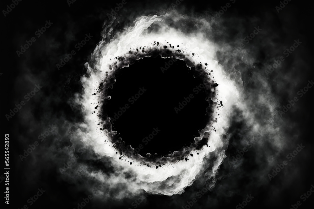 White smoke whirlpool with empty circle frame inside on black ...