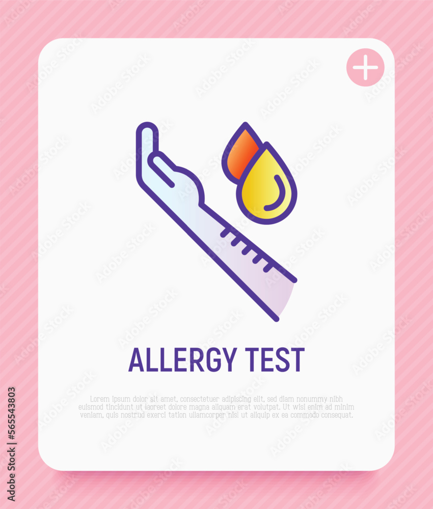 Allergy test thin line icon: dripping allergens on forearm. Skin prick ...