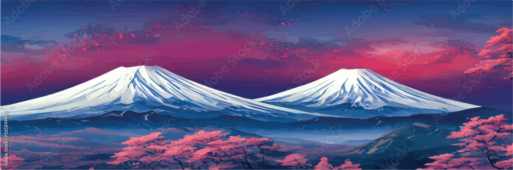 Vector illustration of Japanese Mount Fuji with variety of trees, Ideal ...