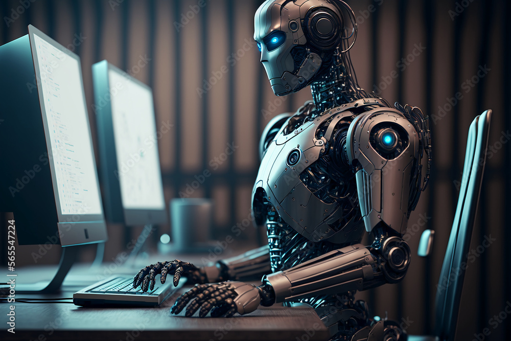 AI chatbot robot sitting at desk using computer. Generative AI Stock ...