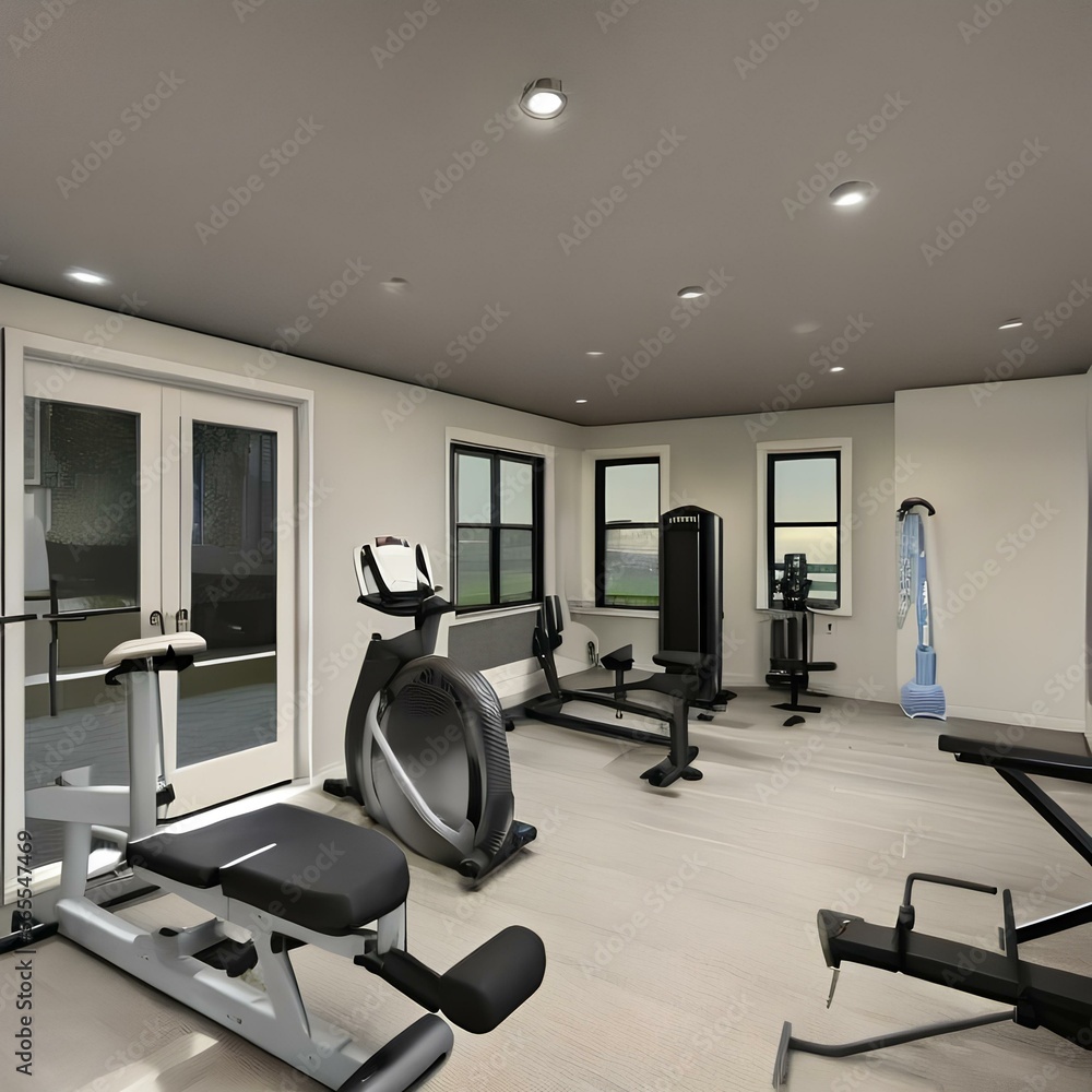 Transitional home gym with neutral colors and natural light1_SwinIR ...