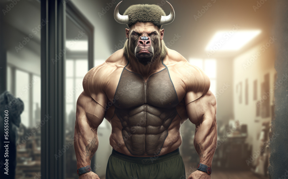 Portrait of a strong male bull in a gym. Bodybuilding concept ...