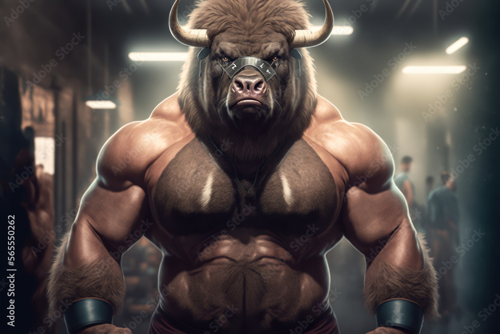 Portrait of a strong male bull in a gym. Bodybuilding concept ...