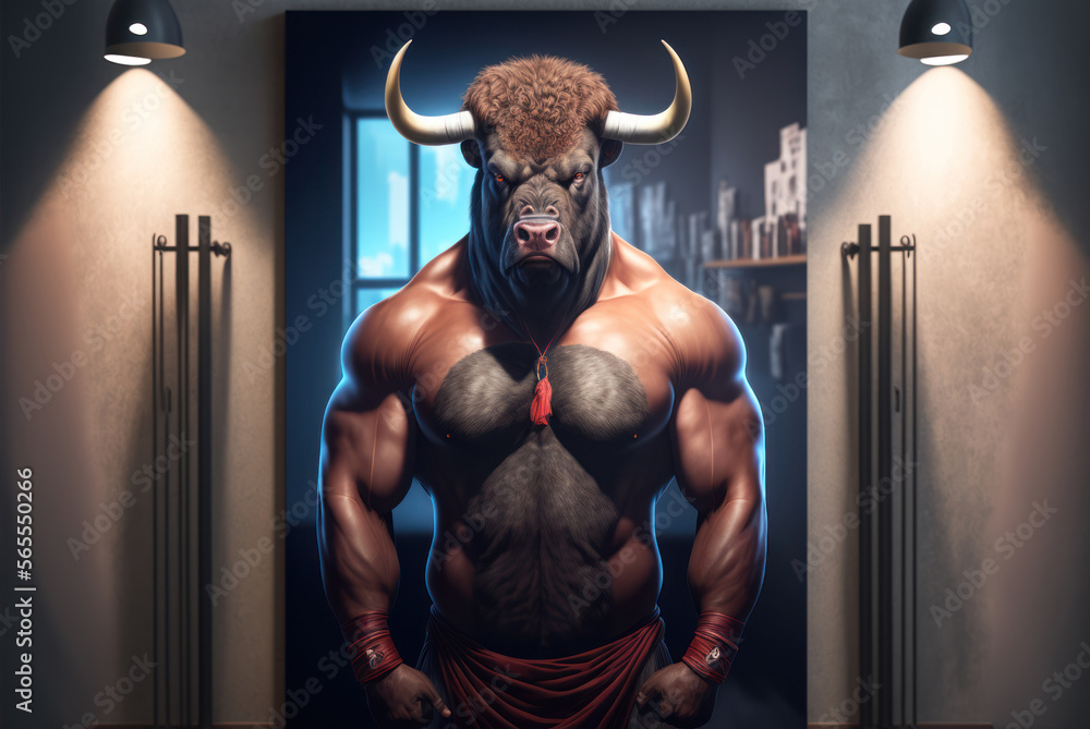 Portrait of a strong male bull in a gym. Bodybuilding concept ...