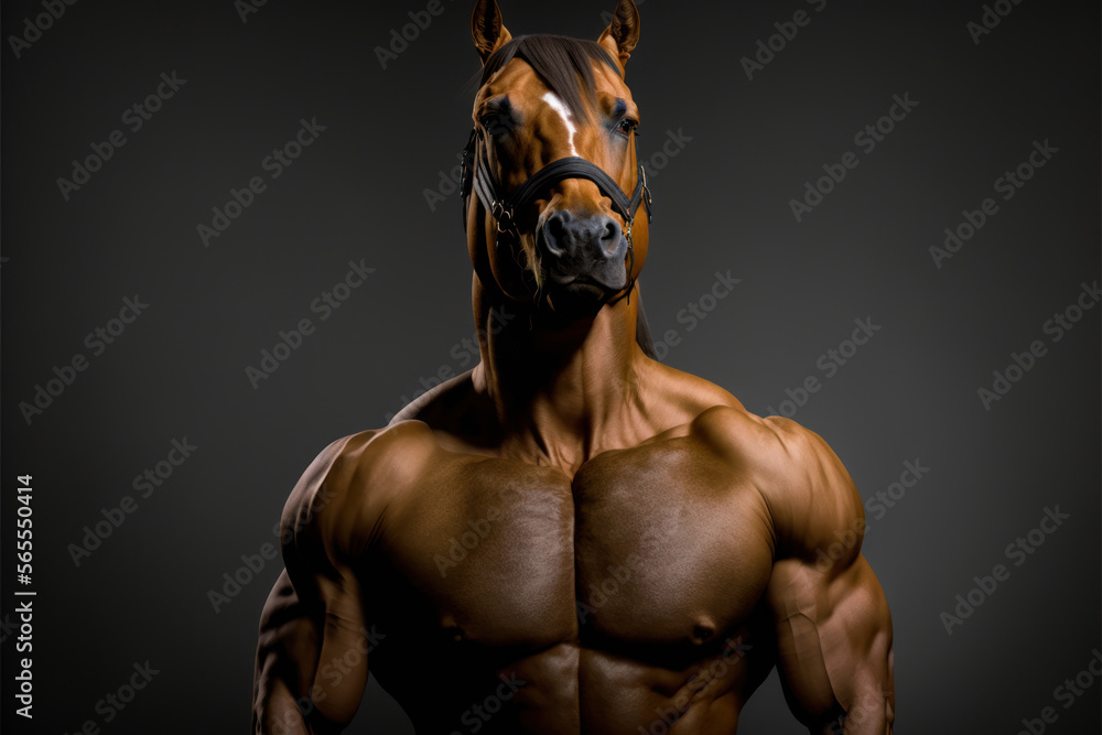 Portrait of a strong male horse in a gym. Bodybuilding concept ...