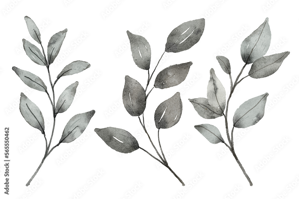 Grey leaves set, watercolor floral illustration for greeting card ...