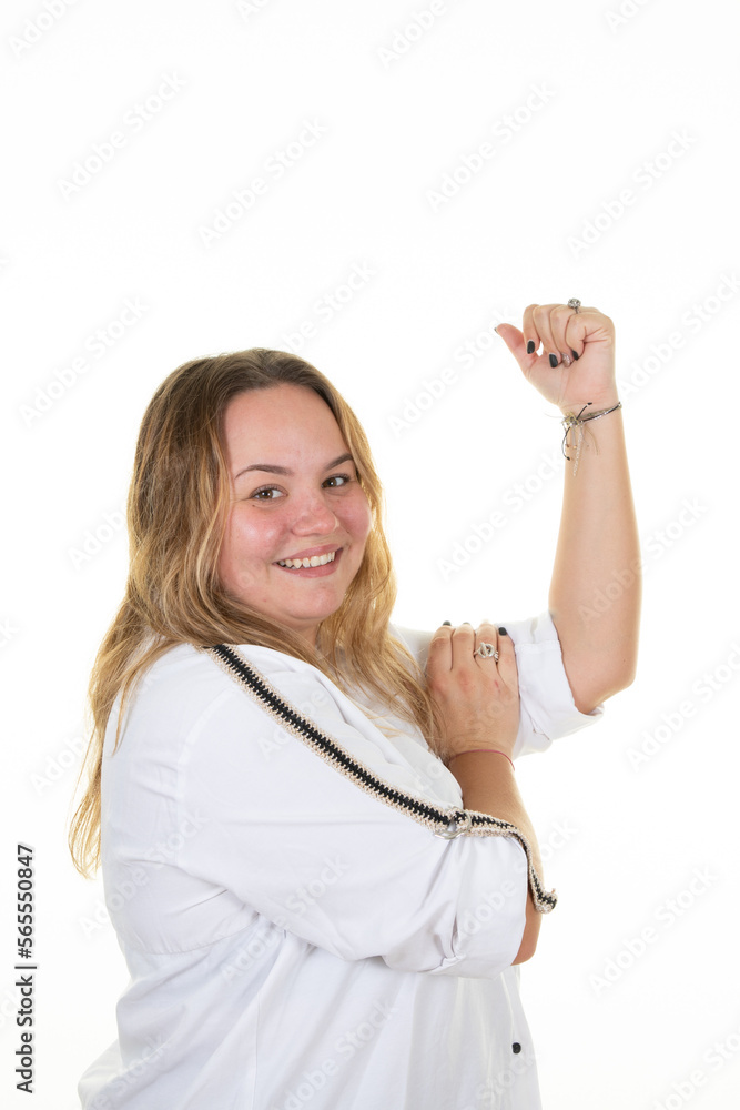 curvy woman shows biceps overweight girl smiling happiness powerful ...