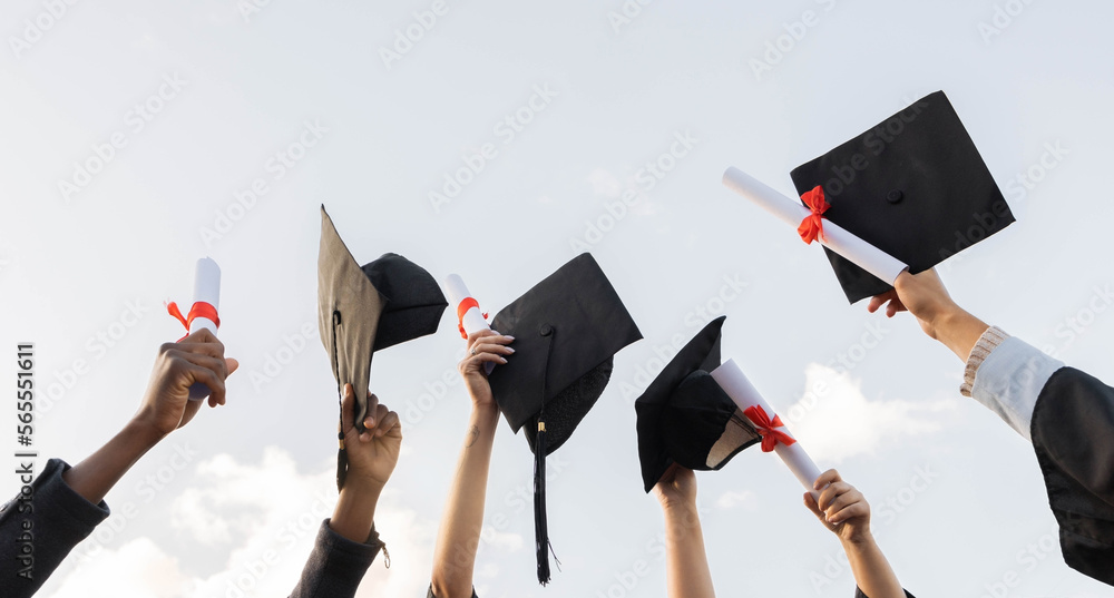 Graduation certificate and group of hands in sky with winning success ...