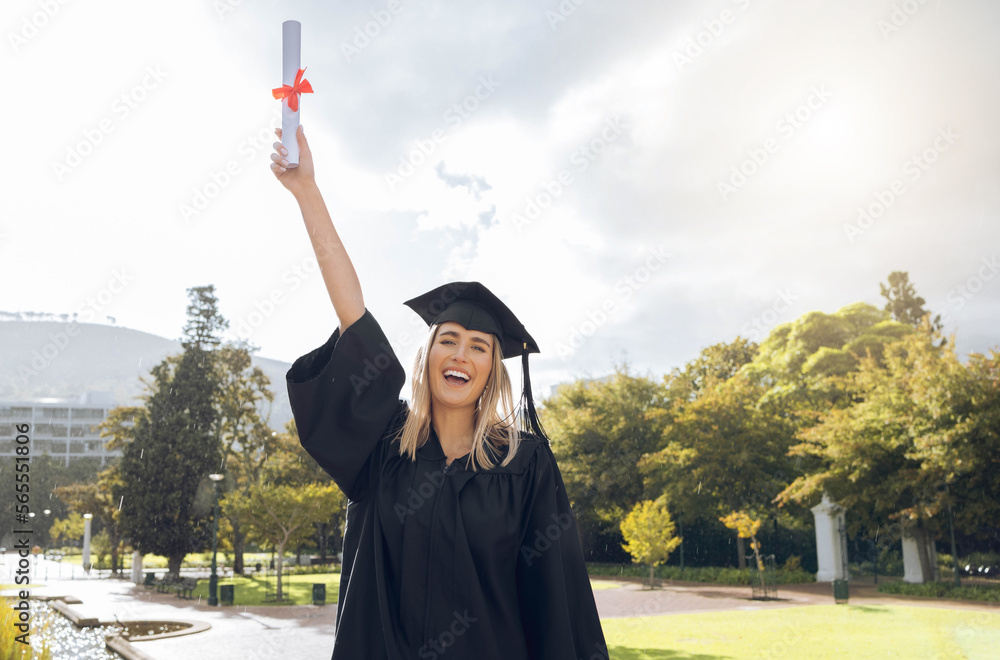 Graduation, diploma and portrait of woman, winner and celebration of ...