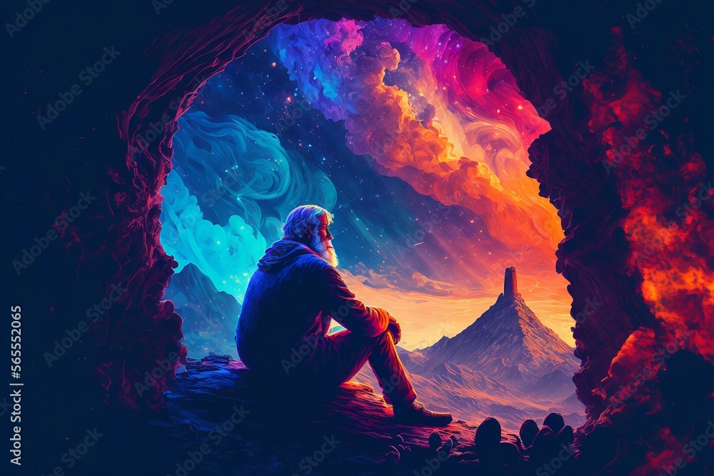 Aristotle sitting in a cave under a vivid colorful nebula in the sky ...