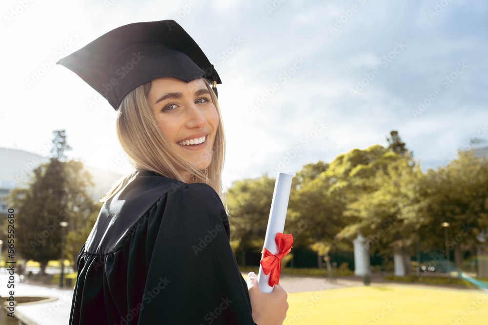 Woman, student and smile for graduation, diploma or achievement in ...