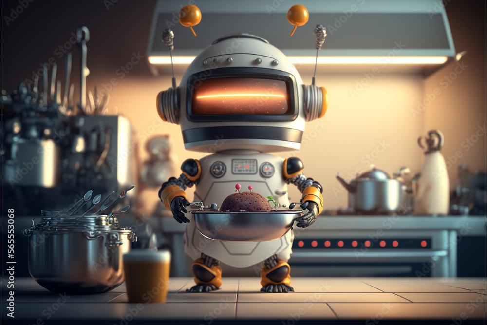 Robot cook holds the dish he has prepared, android chef, technological ...