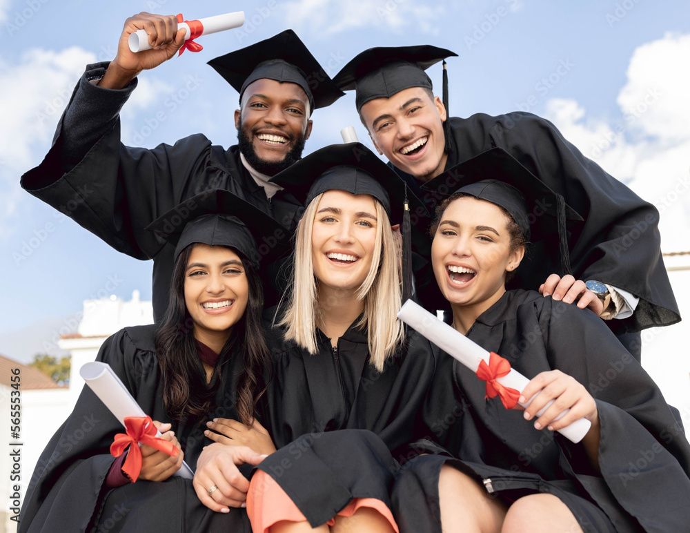 Graduation, diversity students and portrait for education success on ...