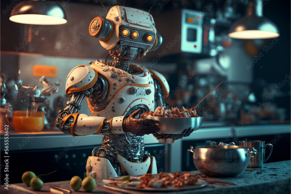 robot chef cooks a dish in the kitchen, android cook, technological ...