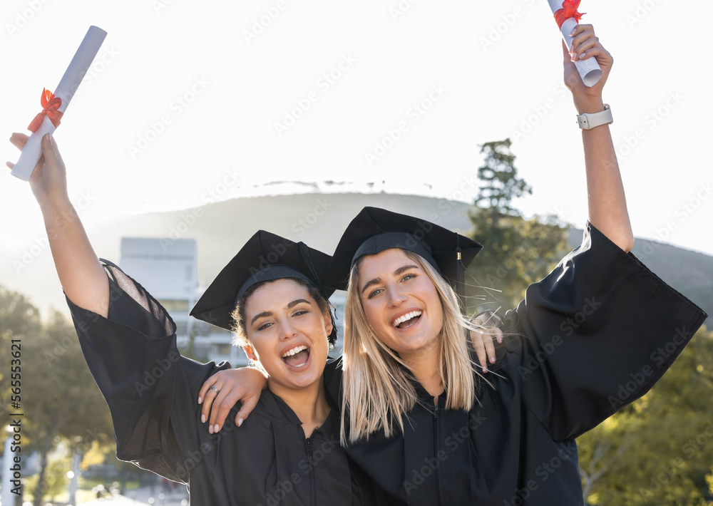 Graduation, celebration and portrait of women cheering for scholarship ...