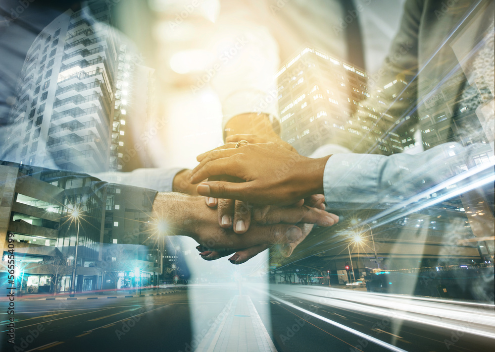 Teamwork, collaboration and overlay of business people with hands ...