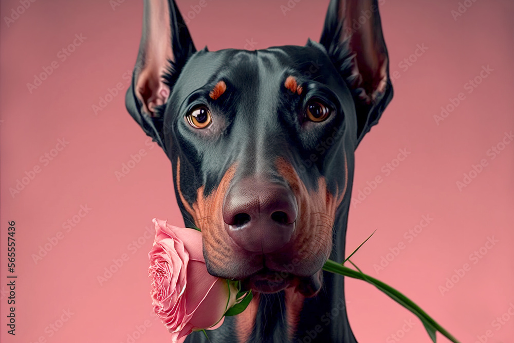 Doberman Dog With Cropped Ears Carrying a Pink Rose in Its Mouth ...