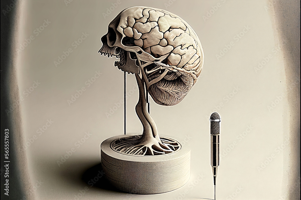 realistic 3d illustration of a human brain statue connected to a ...