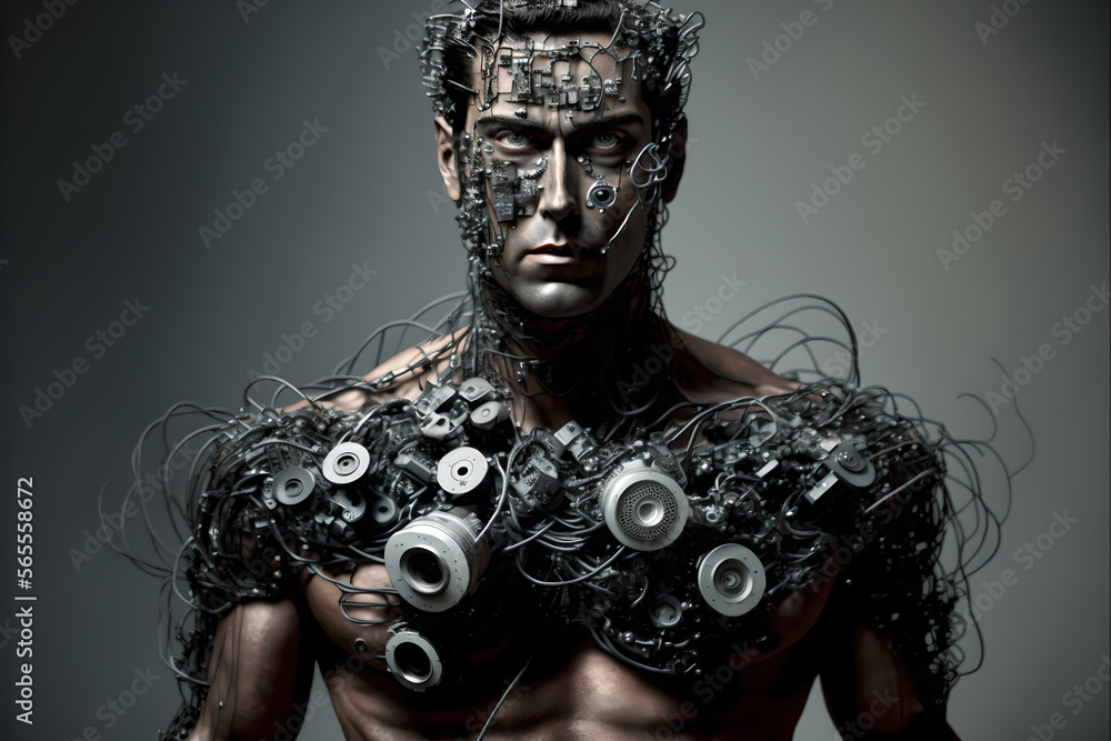 A cyborg man made of spy cameras and many wires and electronics, chips ...