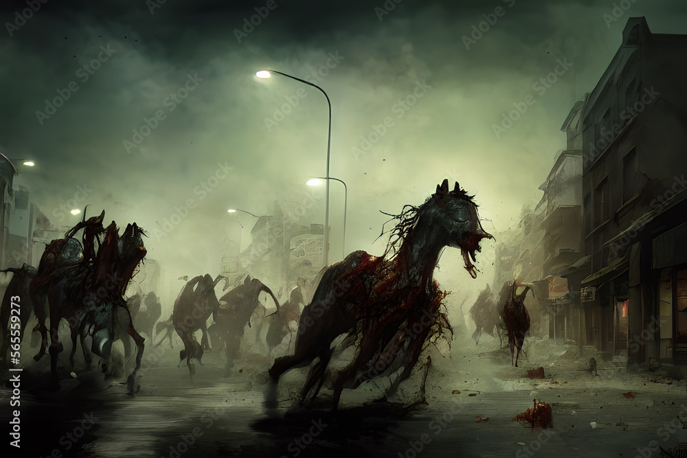 Crazed zombie mutated horses and other alien animals rage in a stampede ...