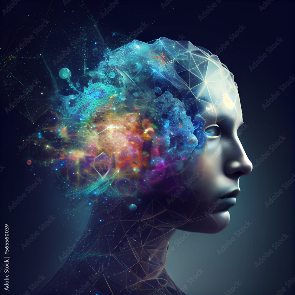 Beautiful abstract genius brain, chemistry, atom, space, face, man ...