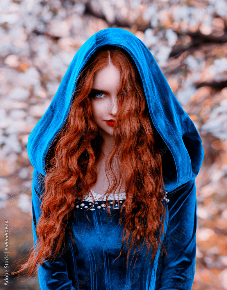 Portrait Fantasy Red Haired Woman Witch Girl Gothic Princess Blue
