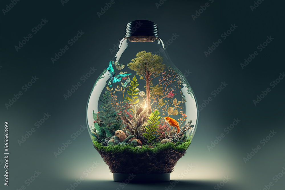 Nature in a bulb, sustainability and renewable energy concept. Ai ...