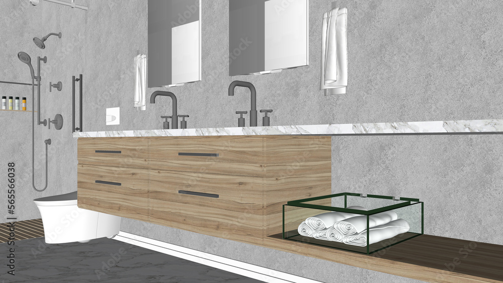 3D Concept MASTER BATHROOM, rendered elevation view, Vector, Colorful ...