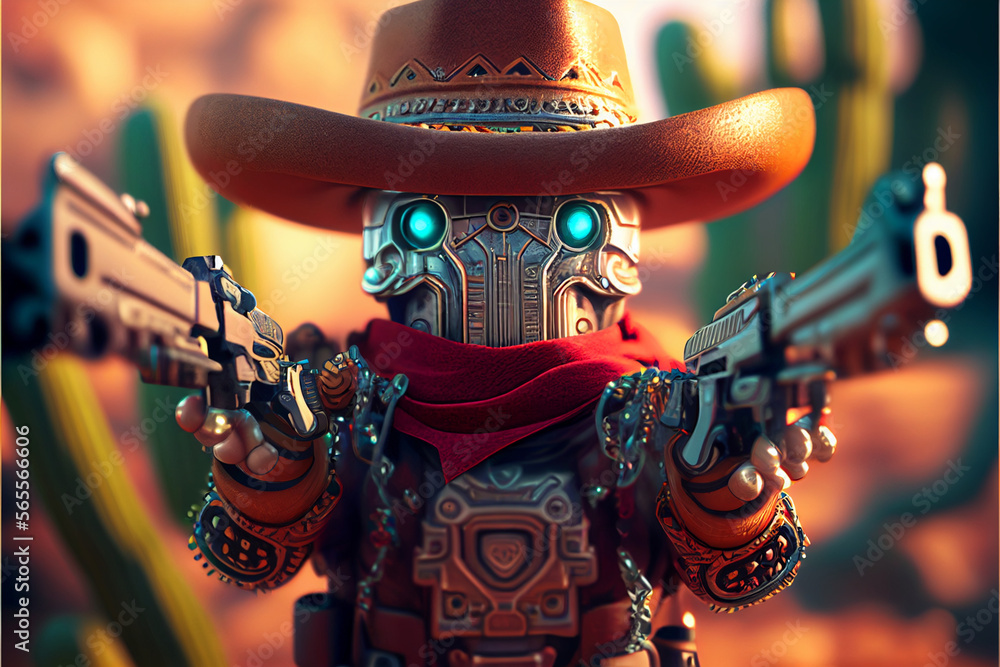 Portrait of a cowboy robot in a hat with a gun aiming at the camera ...