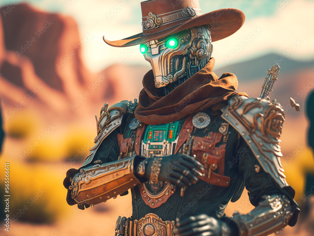 Cowboy robot portrait with hat , cartoon style, wild west aesthetic ...