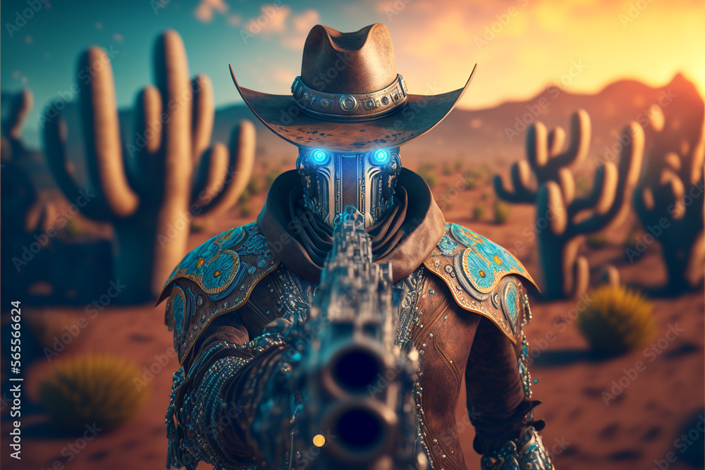 Portrait of a cowboy robot in a hat with a gun aiming at the camera ...