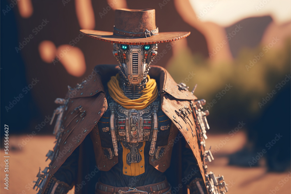 Cowboy robot portrait with hat and cape, cartoon style, wild west ...