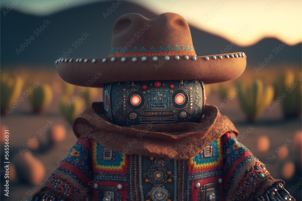 Portrait of a cowboy robot with a hat, cartoon style, wild west ...