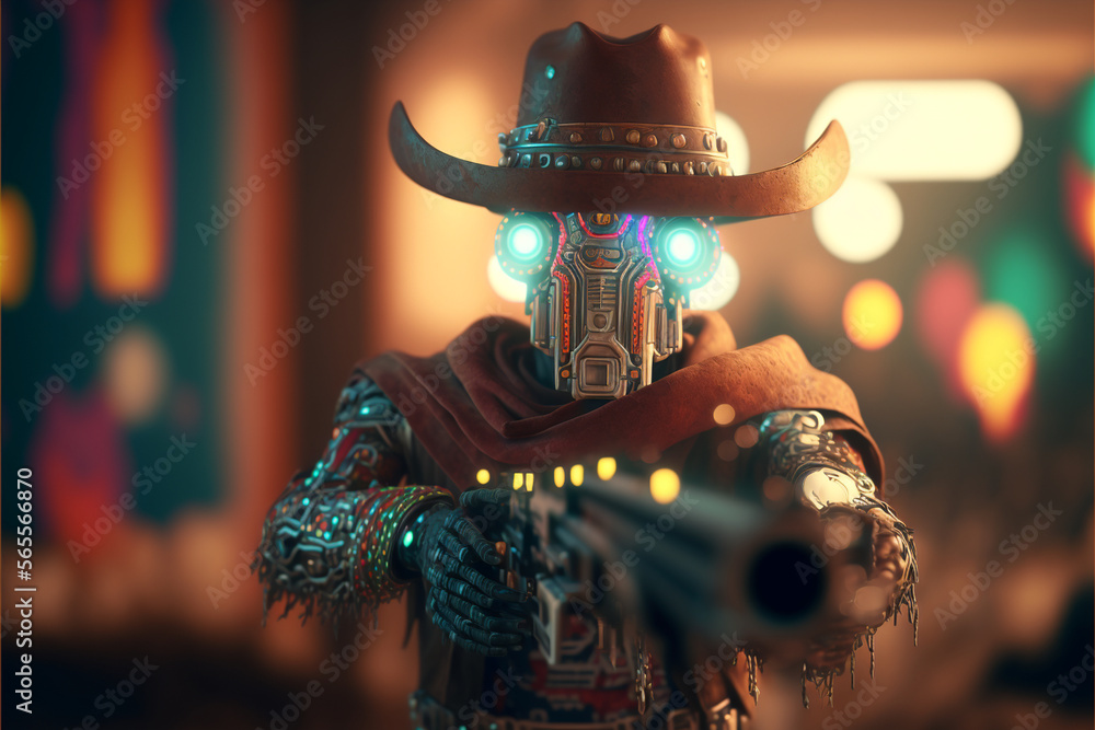 Portrait of a cowboy robot in a hat with a gun aiming at the camera ...