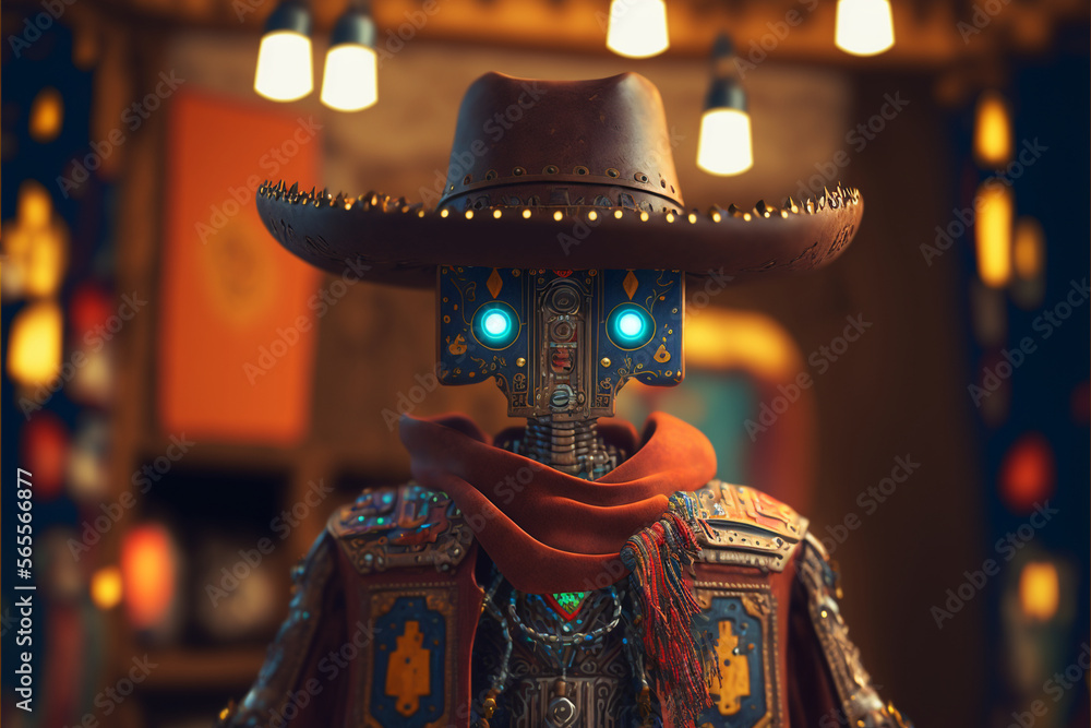 Portrait of a cowboy robot with a hat, cartoon style, wild west ...