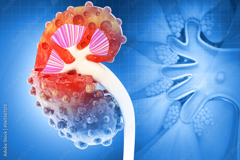 Chronic kidney disease on scientific background. Cross section. 3d ...