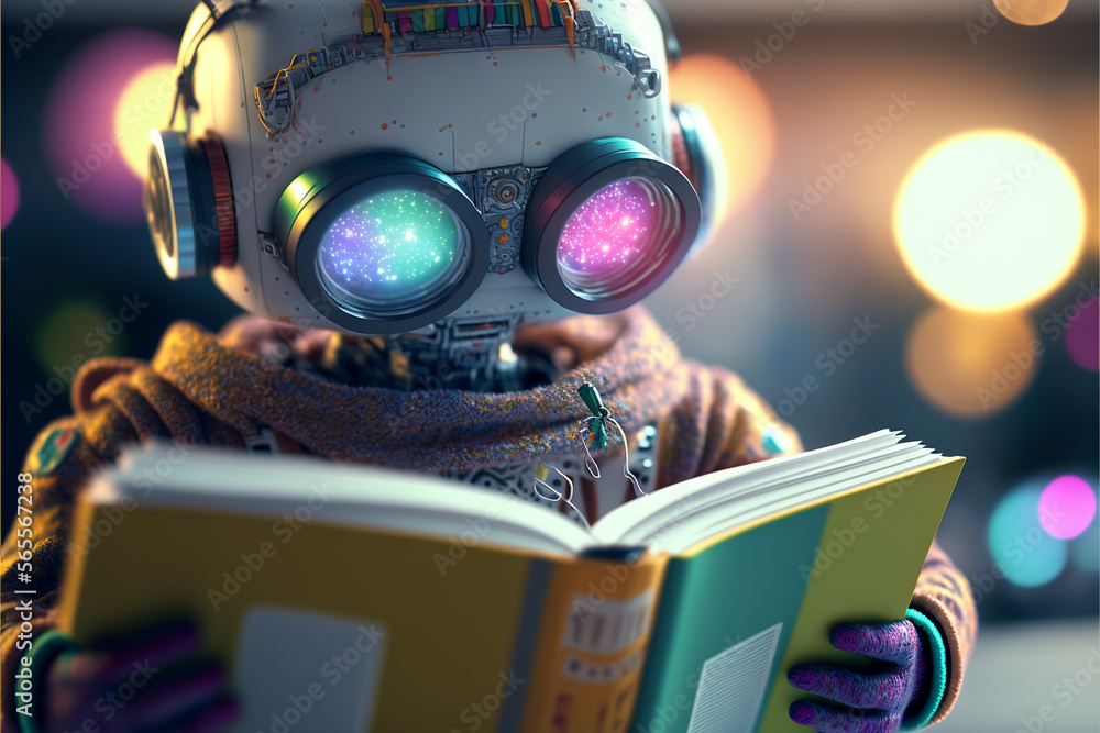 Cute robot child reading a book, cartoon style, android kid ...