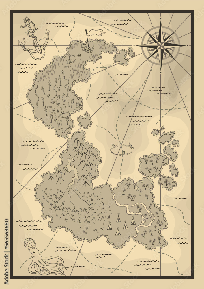 Cartoon island map template for next level game - adventures, treasure ...