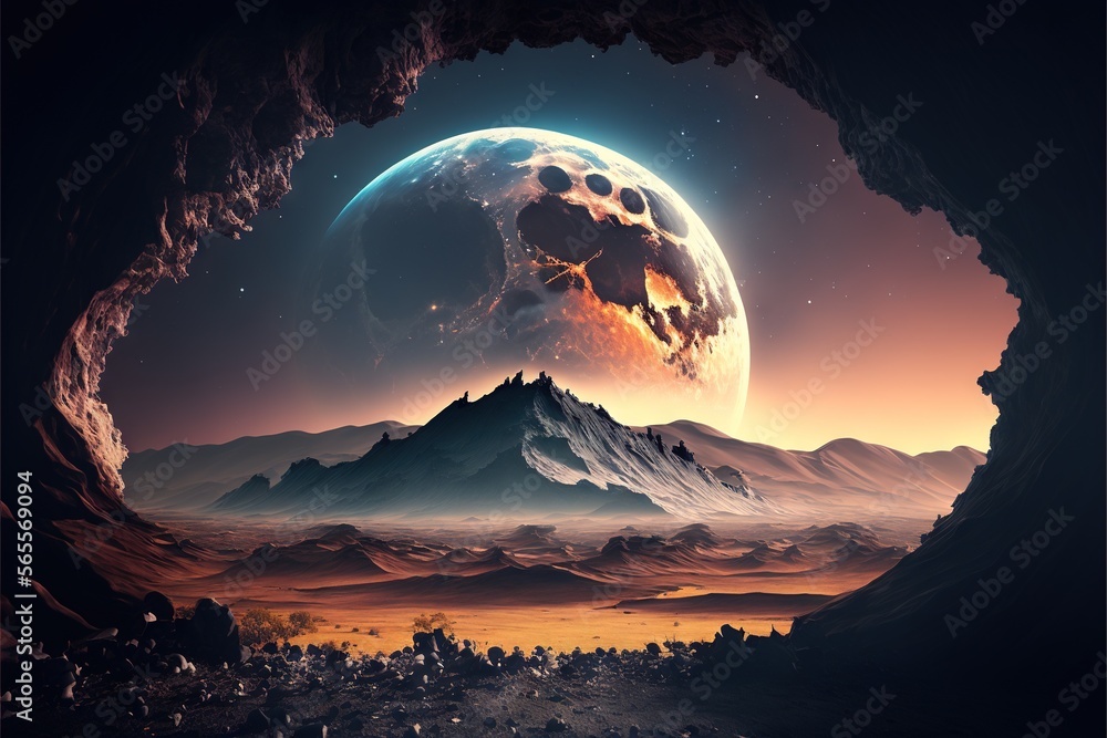 a view of a mountain and a planet from a cave in the desert with a ...