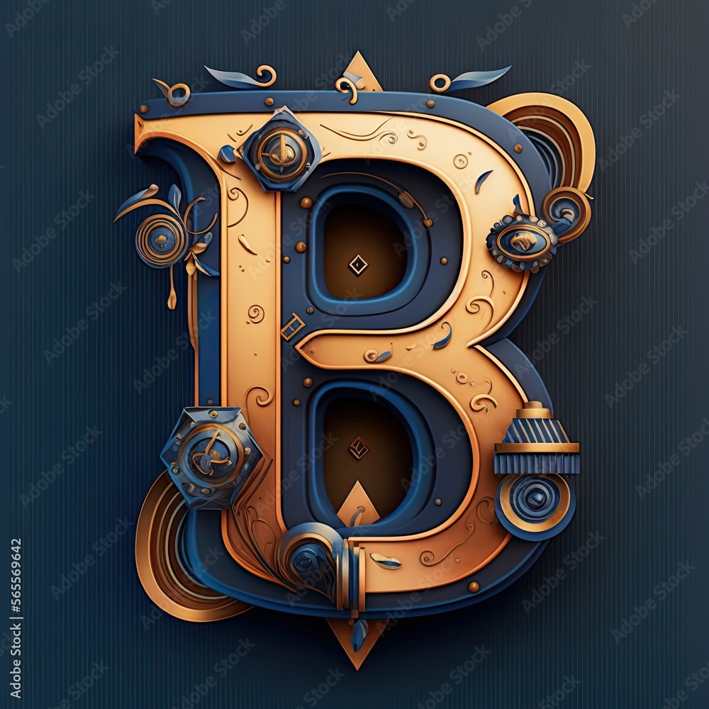 Capital letter B, steampunk alphabet in bronze metal and navy blue, AI ...