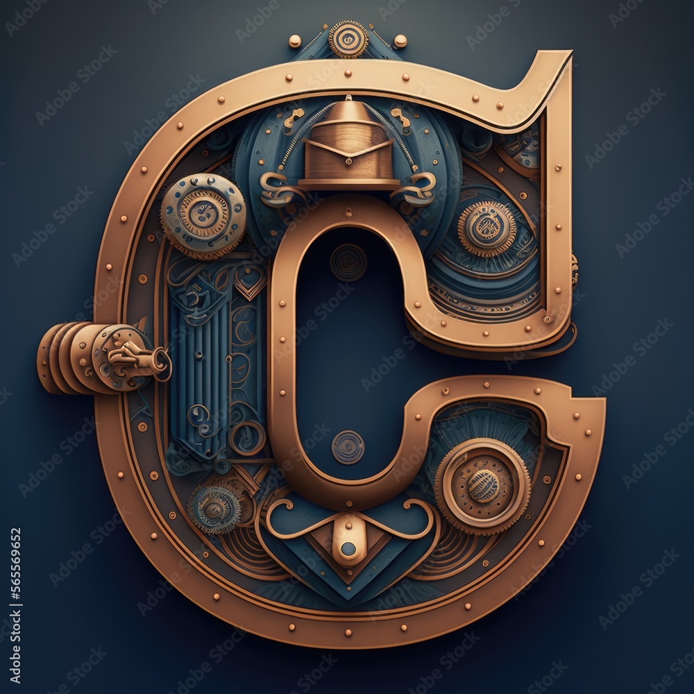 Capital letter C, steampunk alphabet in bronze metal and navy blue, AI ...