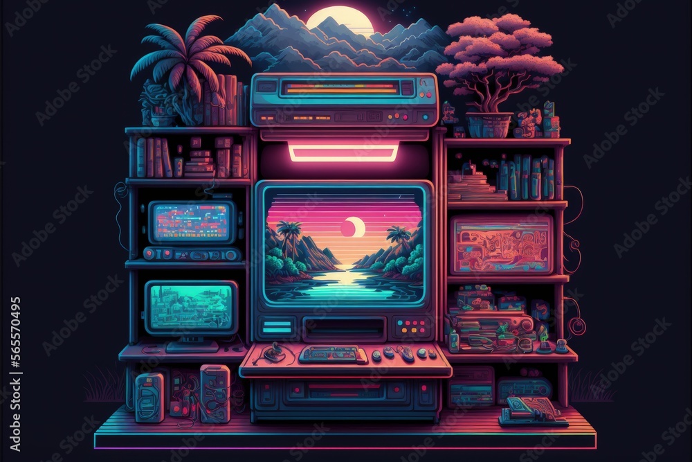 Vintage video game console illustration, 16-bit, retro 80s and 90s ...