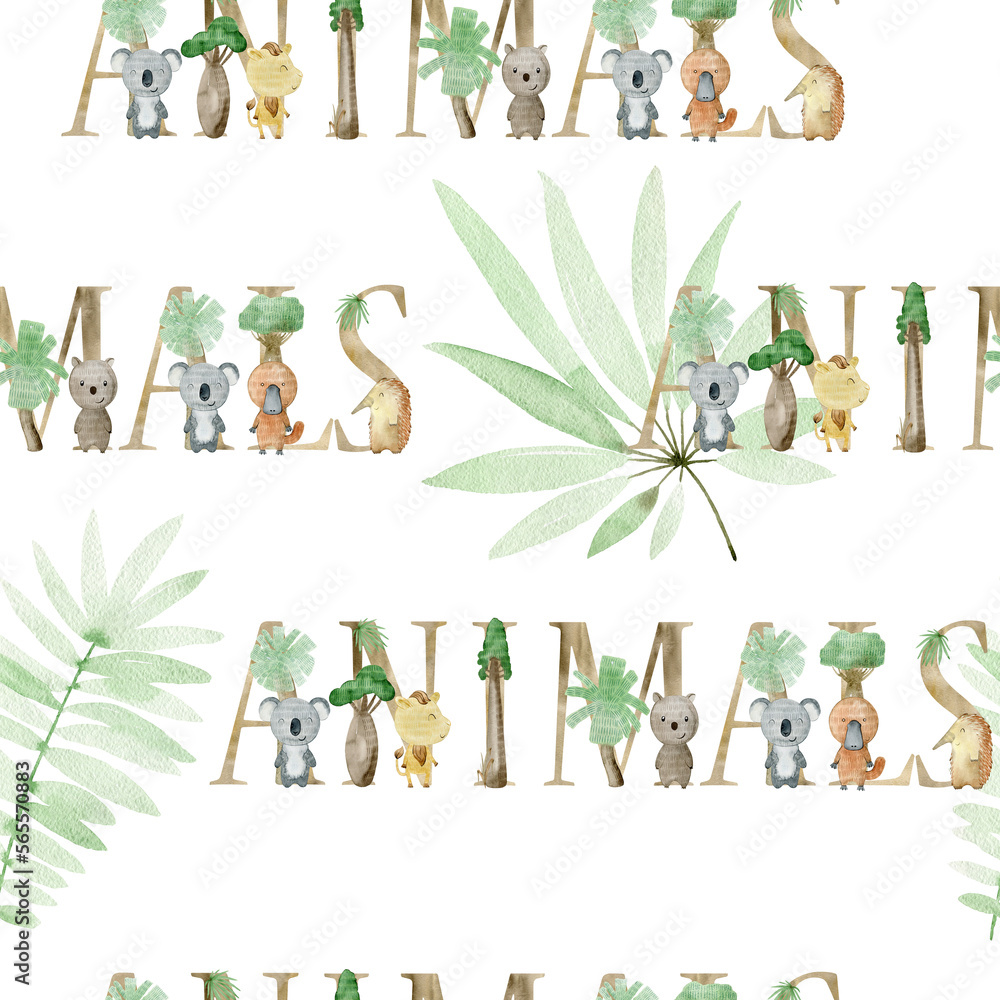 Watercolor seamless pattern with australian animals letters for ...