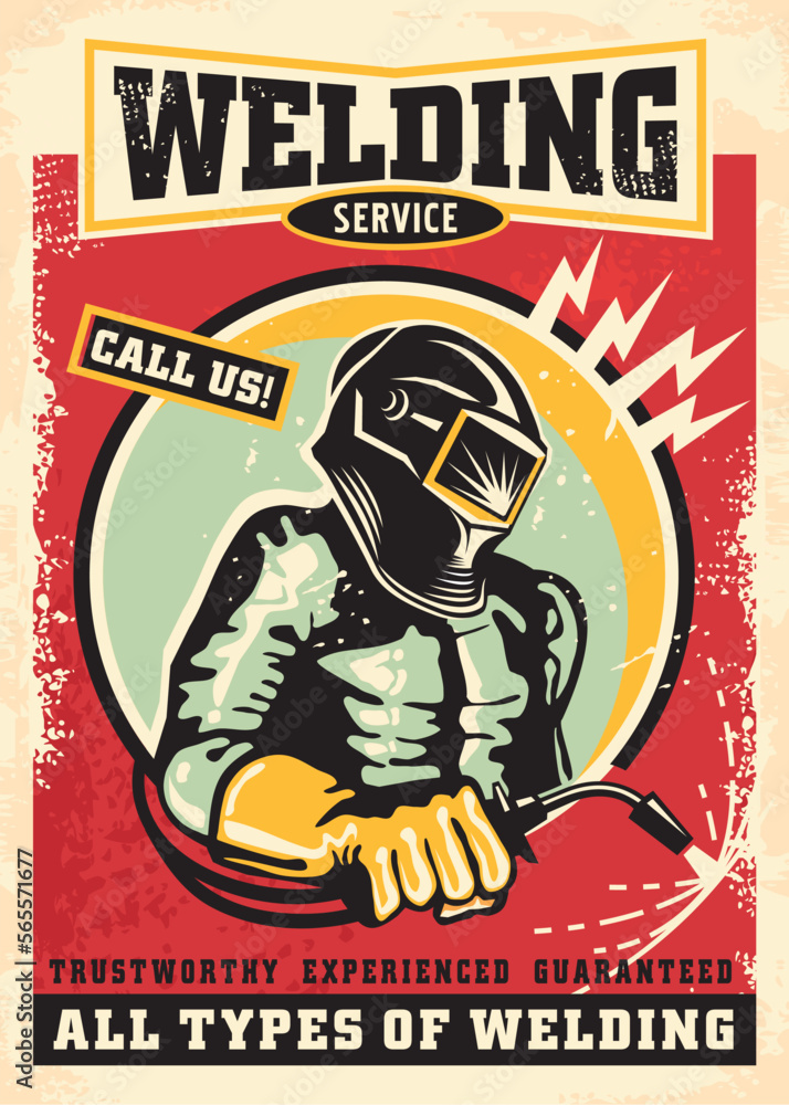 Welding work shop poster design with welder and creative typography ...