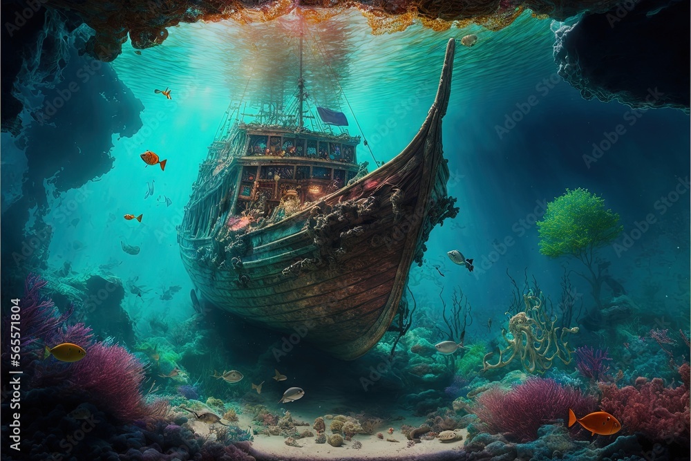 Illustration of pirate ship under the sea with corals and fish ...