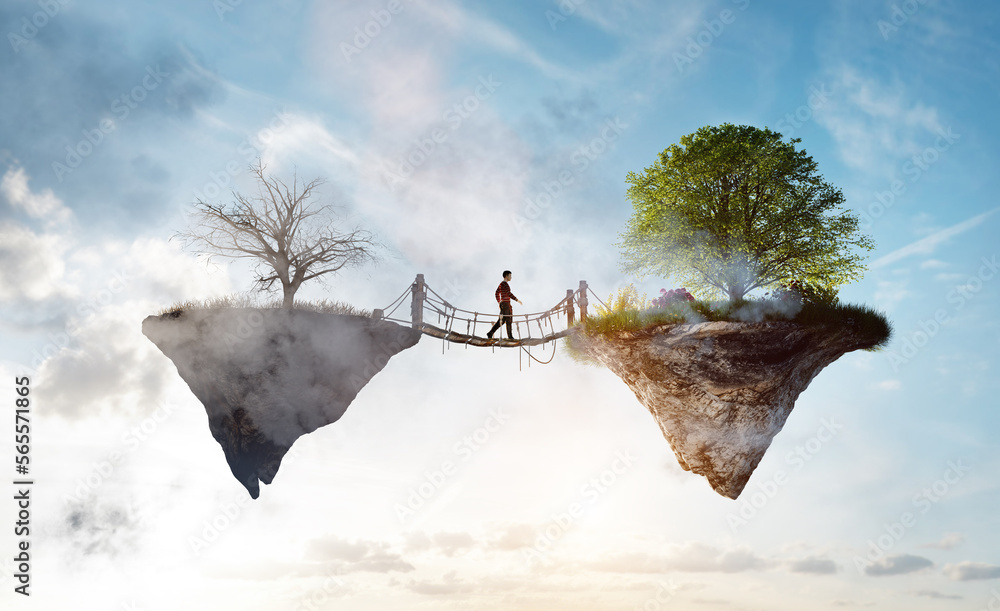 Man making a step to new better world Stock Illustration | Adobe Stock