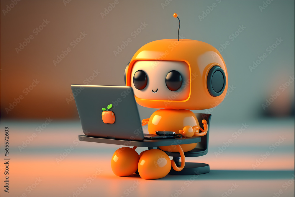 Orange Robot with laptop sitting on chair working, Generative AI Stock ...